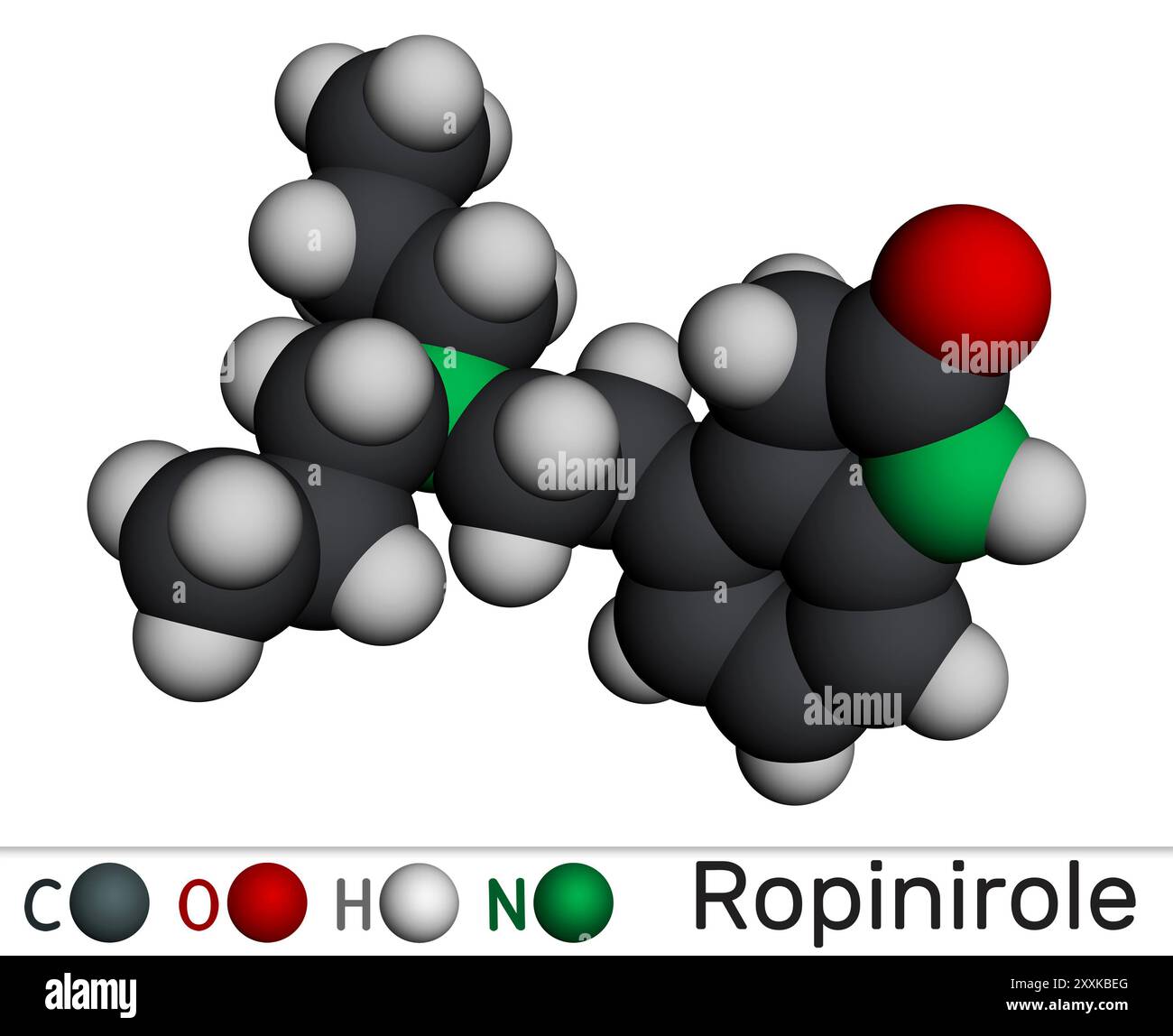 Ropinirole drug molecule. Used to treat the symptoms of Parkinson's ...