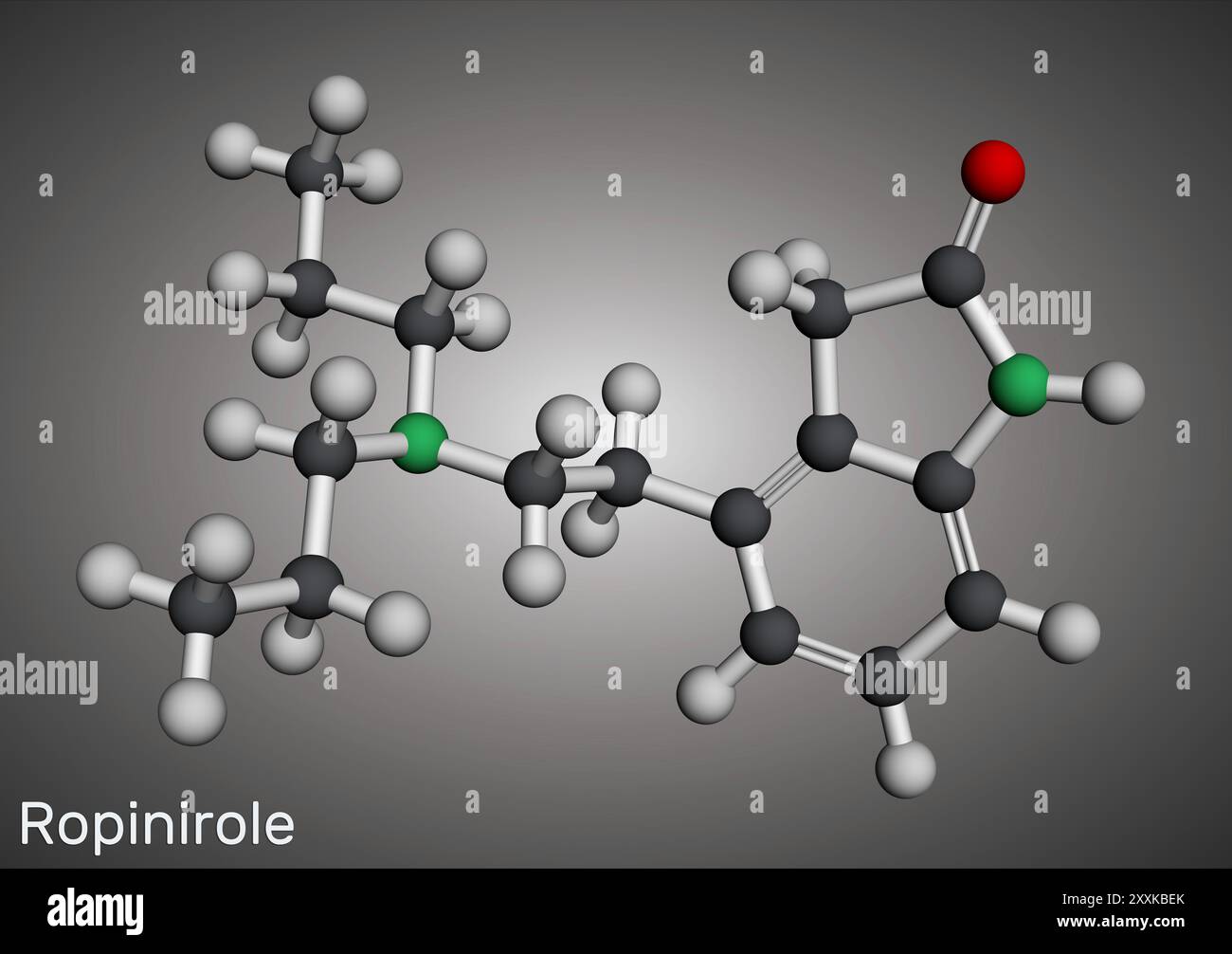 Ropinirole drug molecule. Used to treat the symptoms of Parkinson's ...