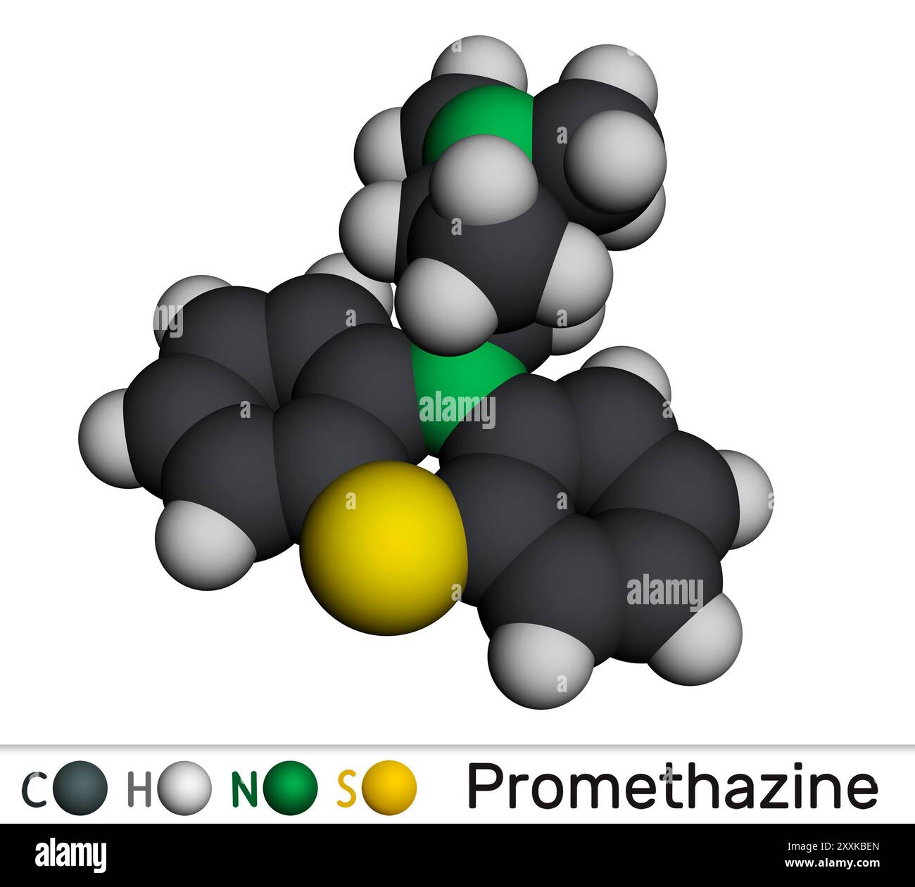 Promethazine antihistamine drug molecule. Molecular model. 3D rendering ...
