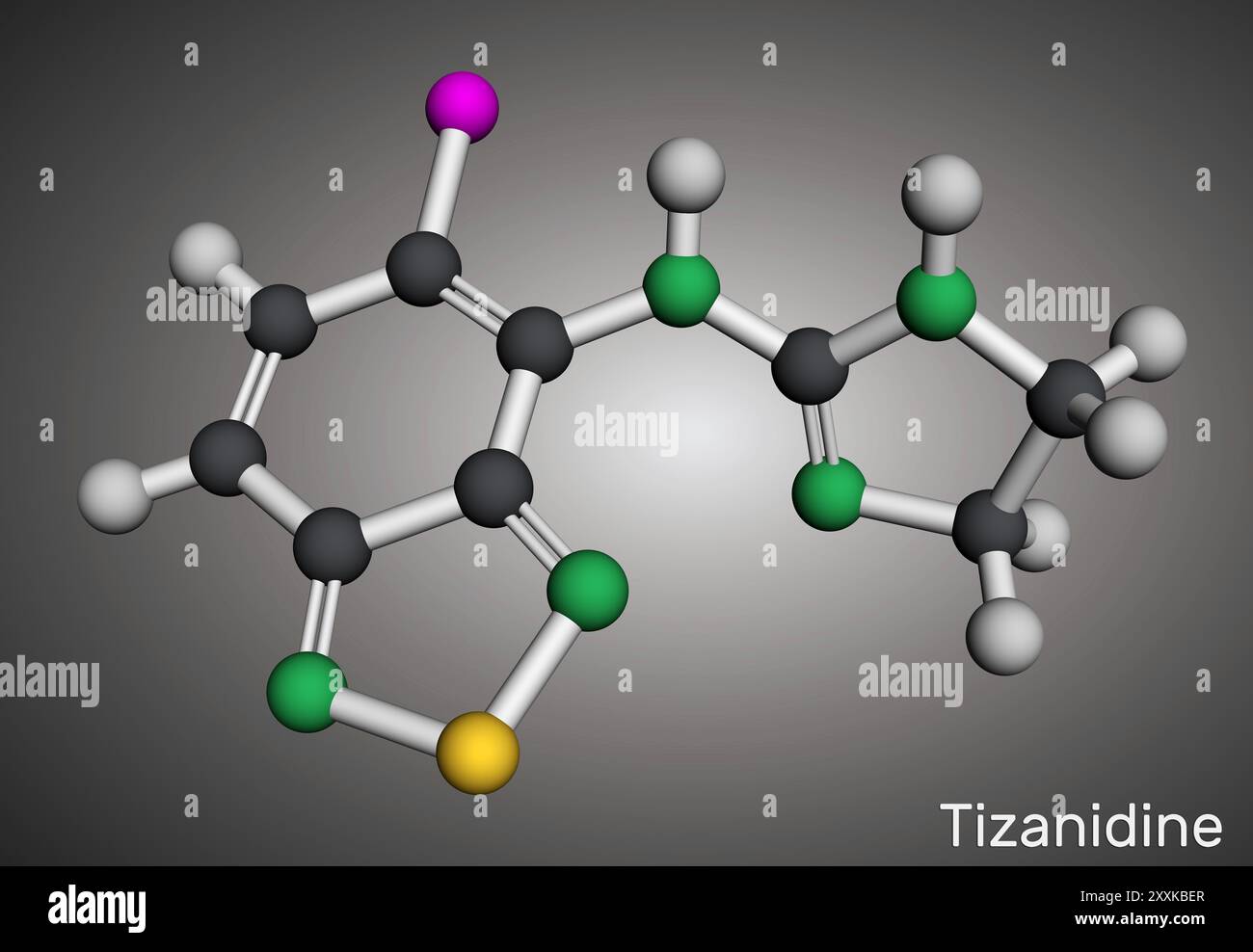 Tizanidine drug molecule. For treatment of muscle spasticity. Molecular ...