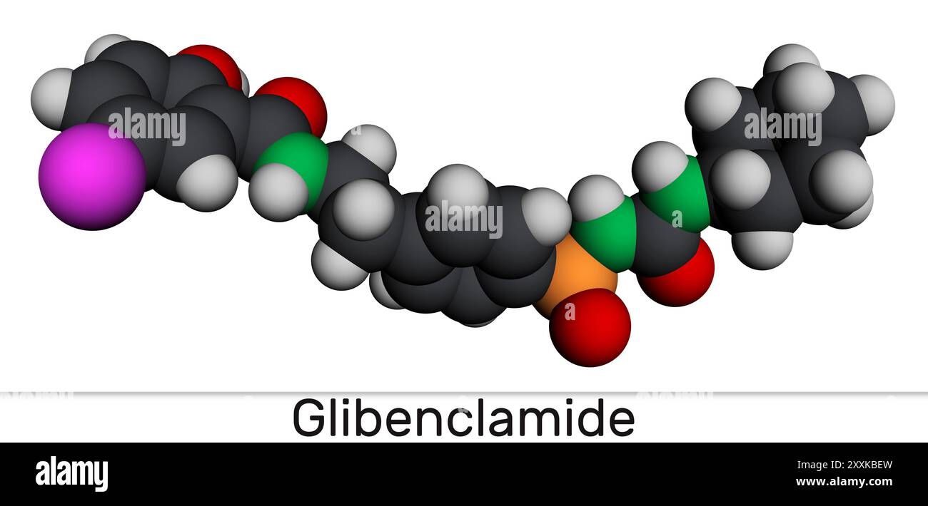 Glibenclamide, glyburide molecule. Sulfonylurea used in the treatment ...