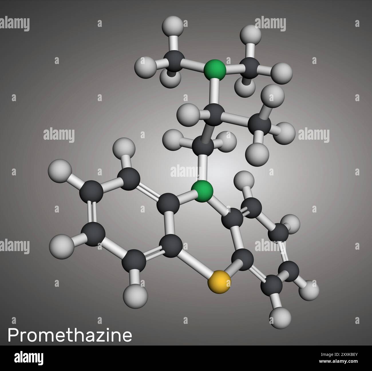 Promethazine antihistamine drug molecule. Molecular model. 3D rendering ...