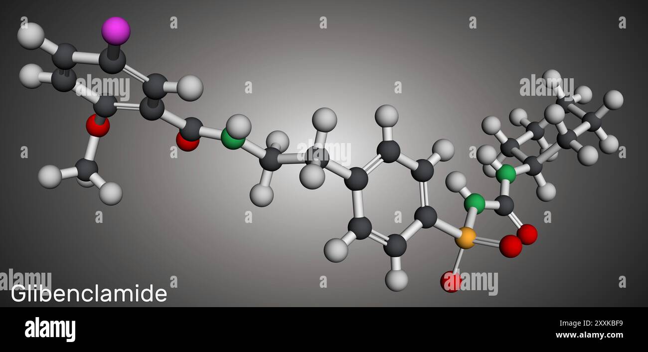 Glibenclamide, glyburide molecule. Sulfonylurea used in the treatment ...
