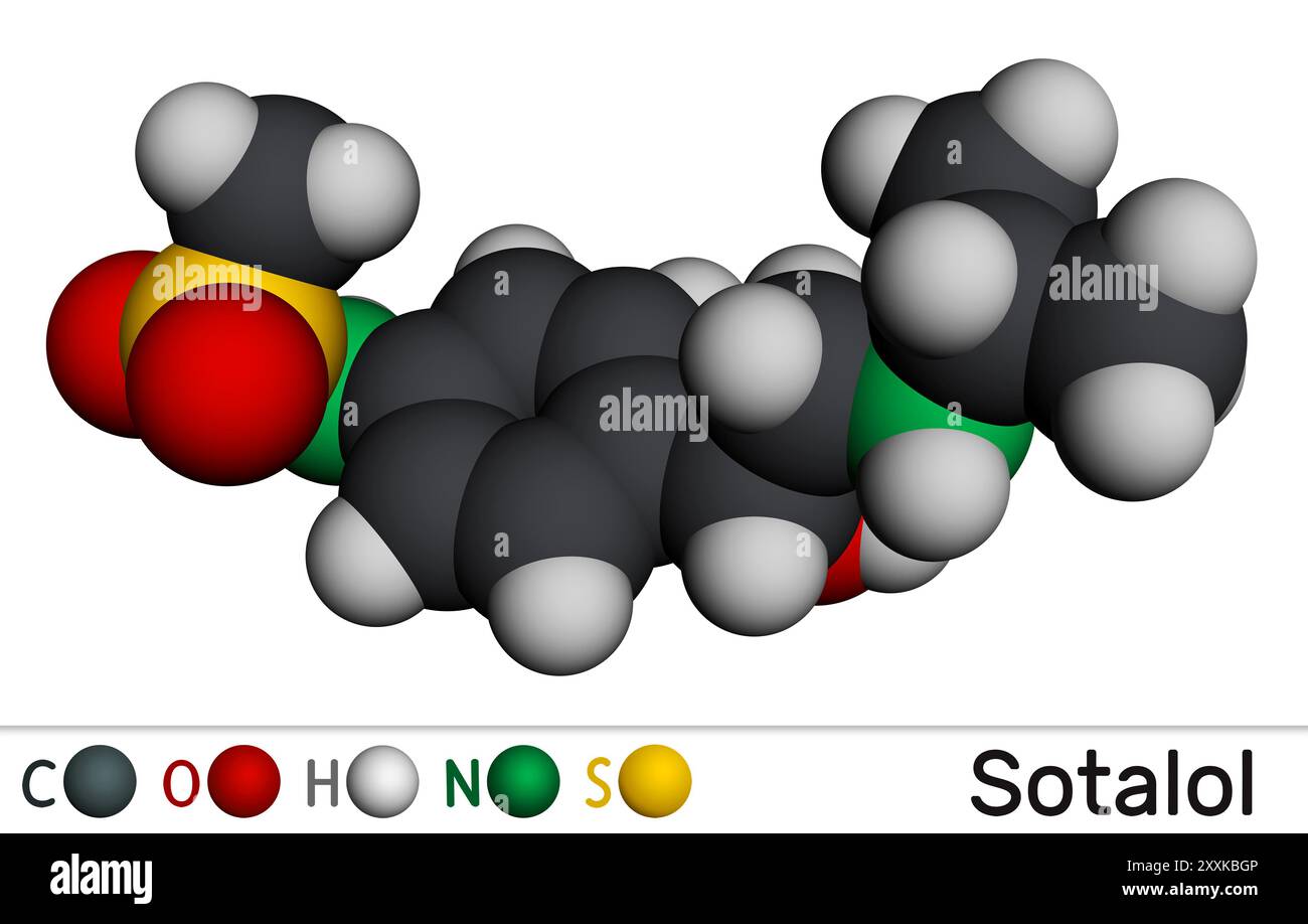 Sotalol drug molecule. Used to treat and prevent abnormal heart rhythms ...