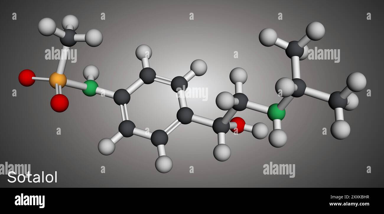 Sotalol drug molecule. Used to treat and prevent abnormal heart rhythms ...