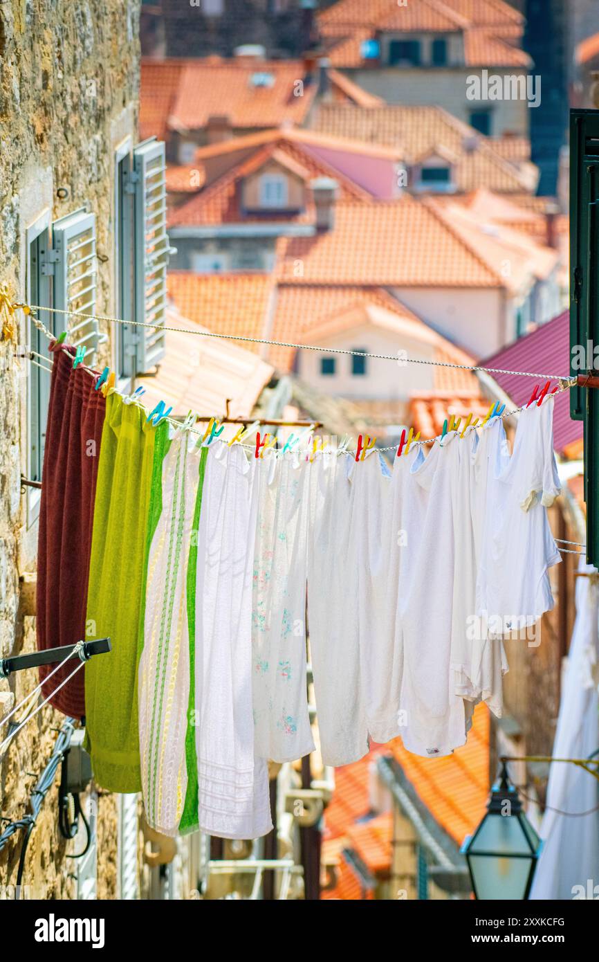 Laundry hangs on washing lines in Dubrovnik City Centre, Croatia Stock ...