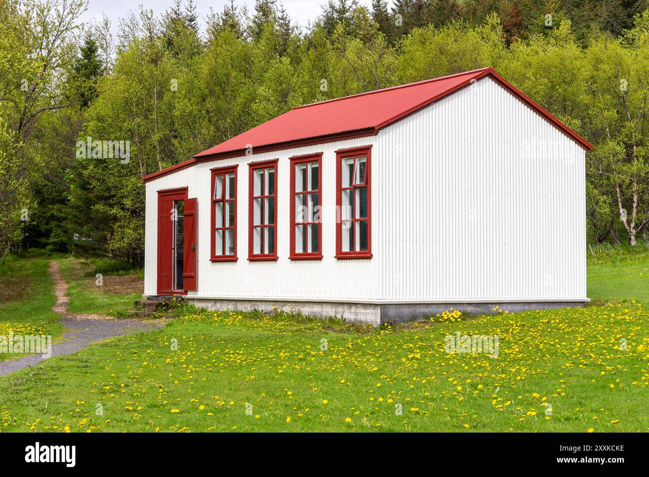 Traditional house village in Skogar Open Air Museum, wooden facade ...