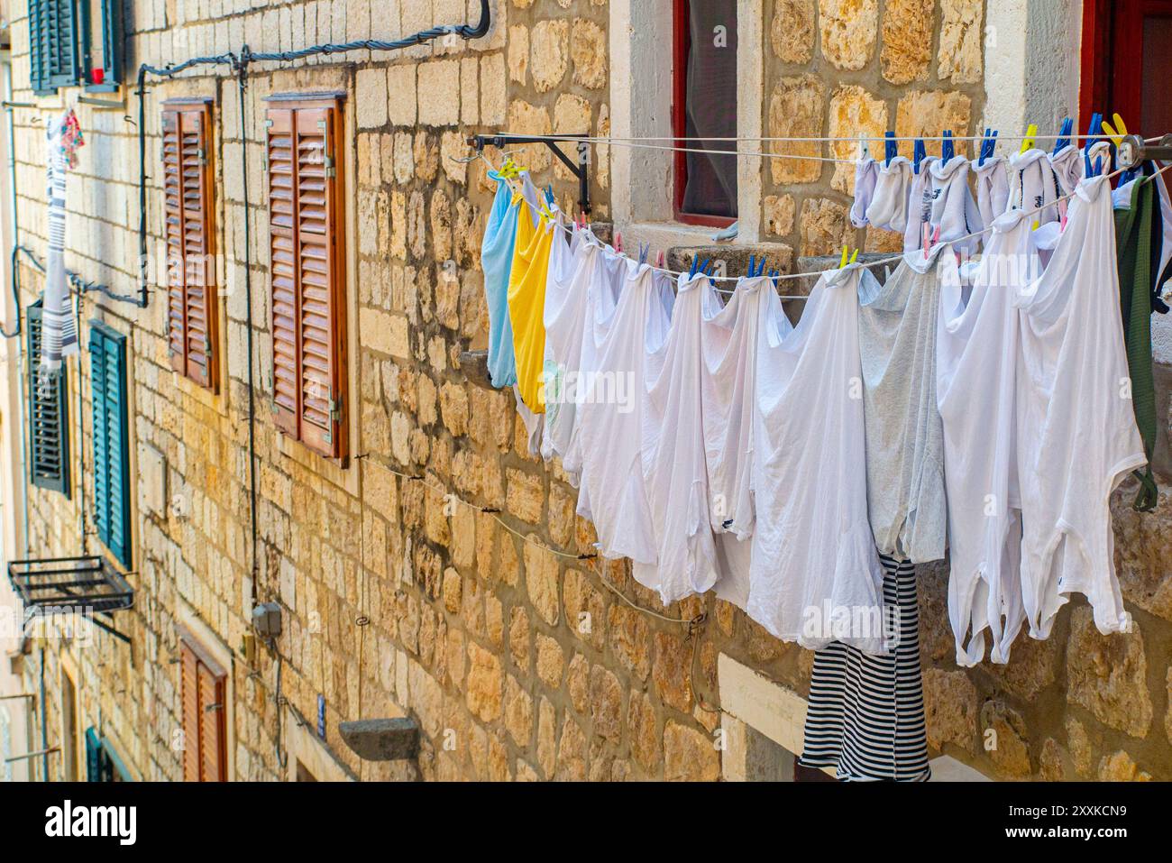 Laundry hangs on washing lines in Dubrovnik City Centre, Croatia Stock ...