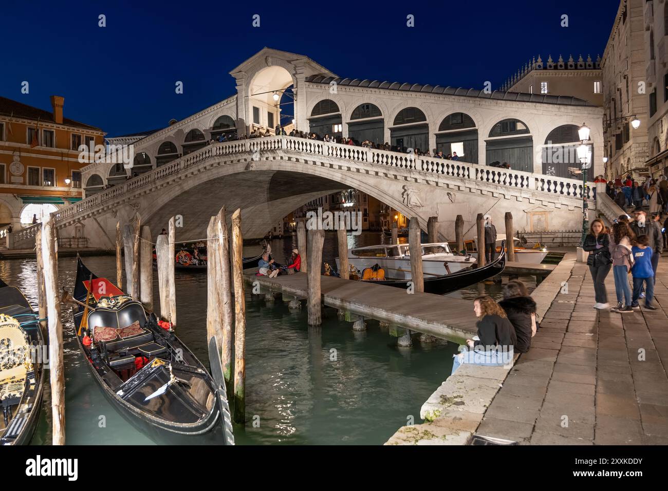 The Rialto Bridge at night in city of Venice, Italy. Stone arch ...