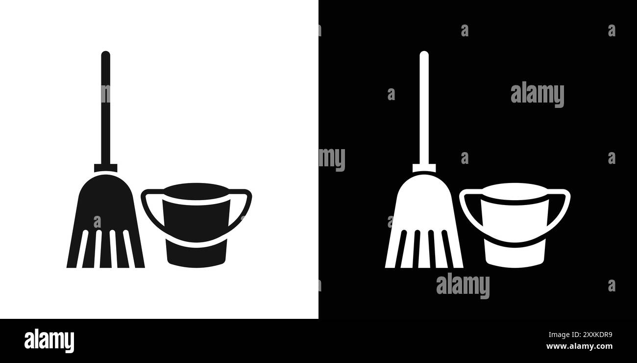besom with stick and pail icon logo sign vector outline in black and ...