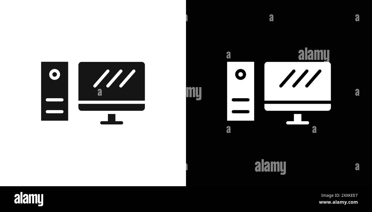 Desktop computer icon logo sign vector outline in black and white color ...