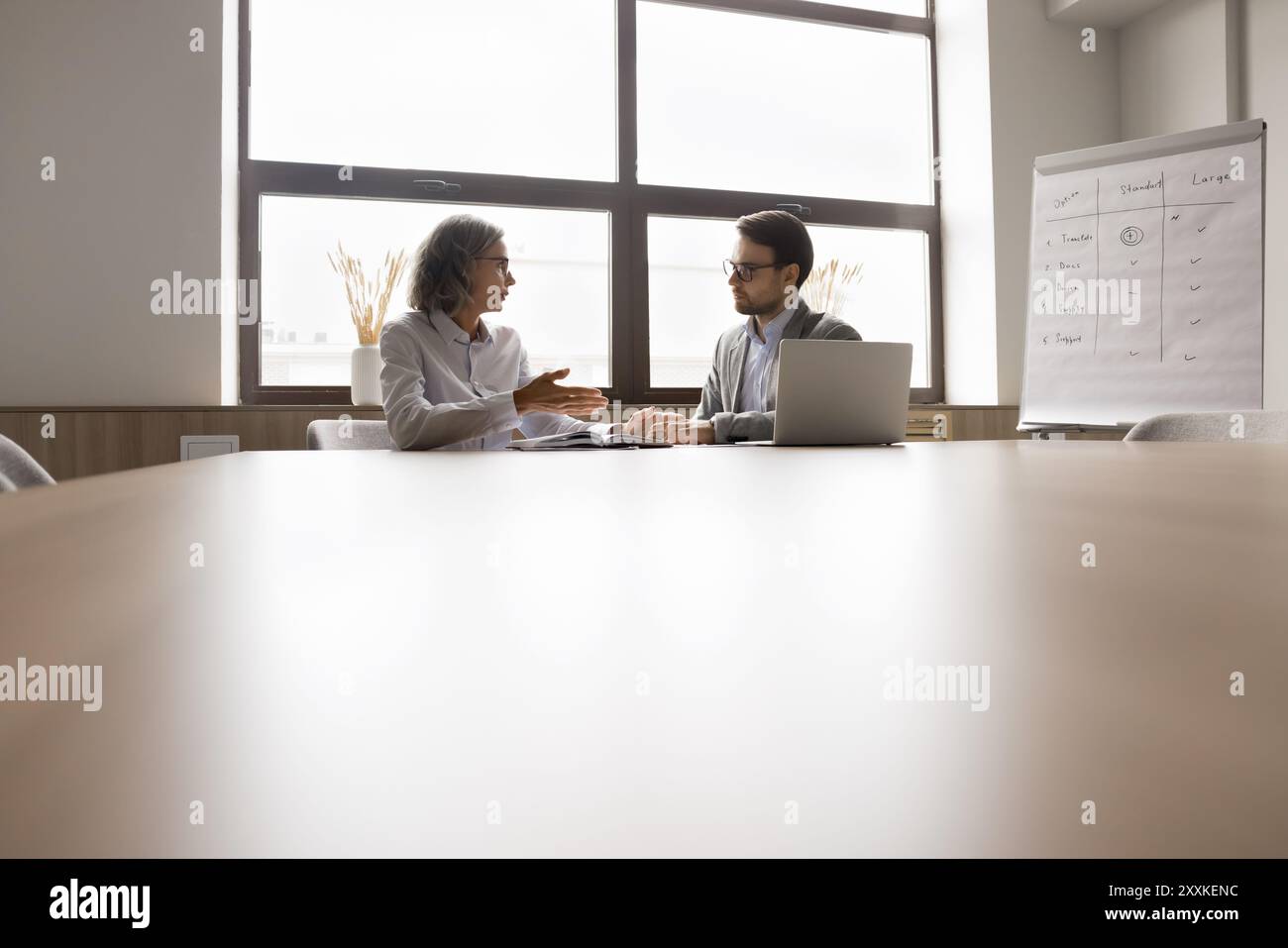 Two business partners focused in conversation at conference table Stock ...
