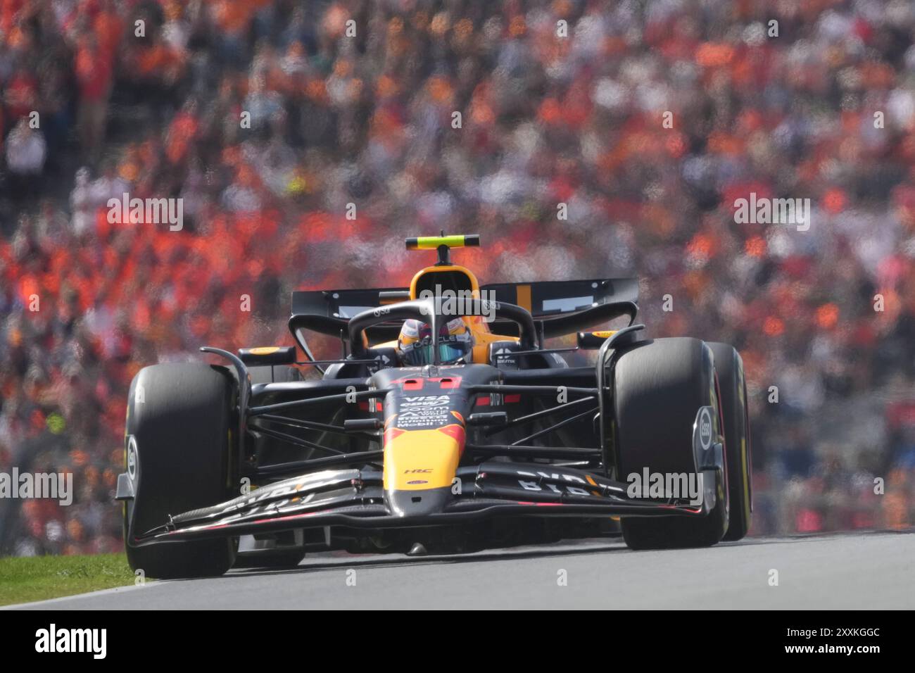 Red Bull driver Sergio Perez of Mexico steers his car during the Formula One Dutch Grand Prix ...