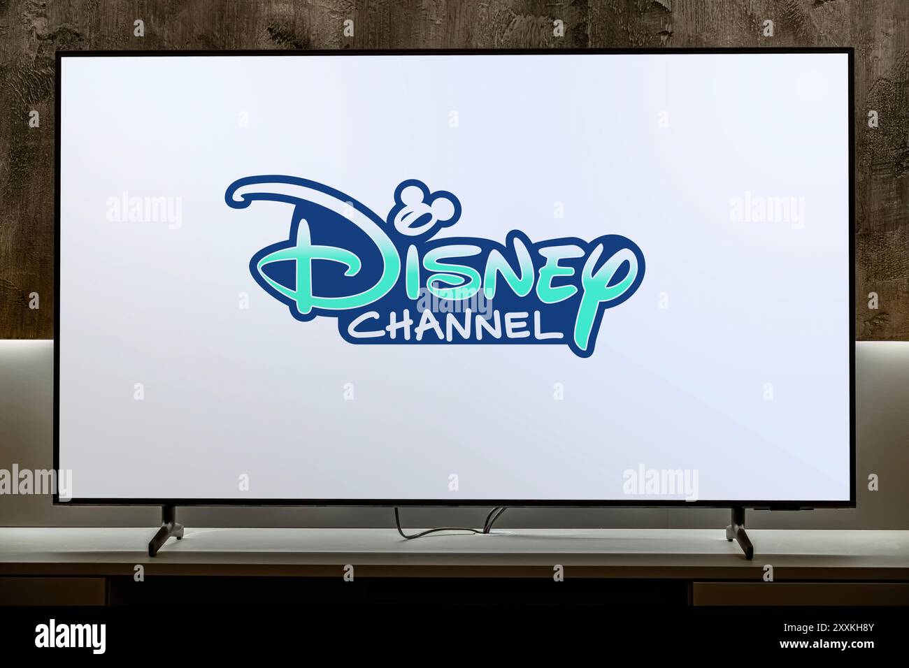 POZNAN, POL - DEC 19, 2023: Flat-screen TV set displaying logo of ...