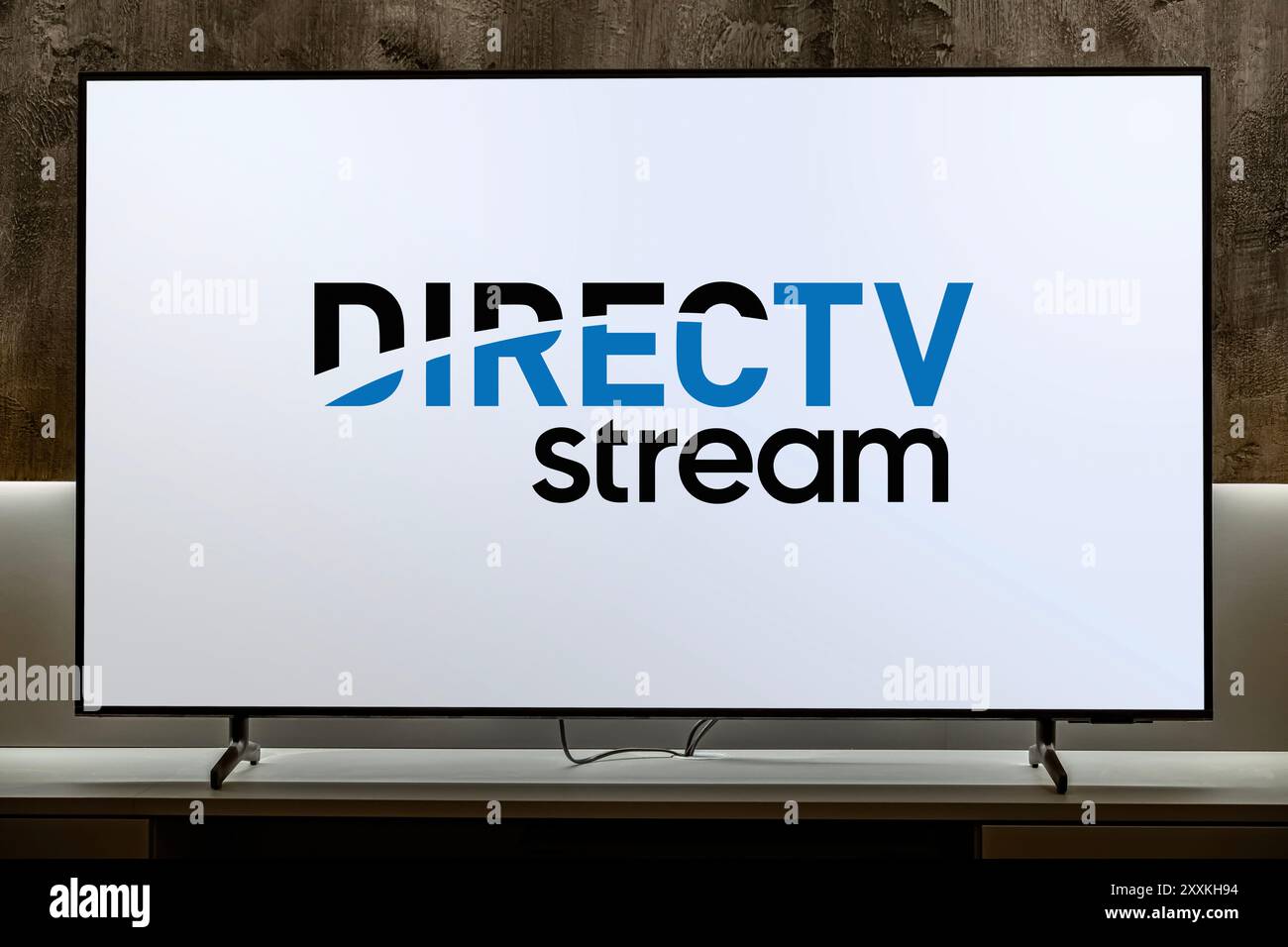 POZNAN, POL - MAR 25, 2022: Flat-screen TV set displaying logo of ...