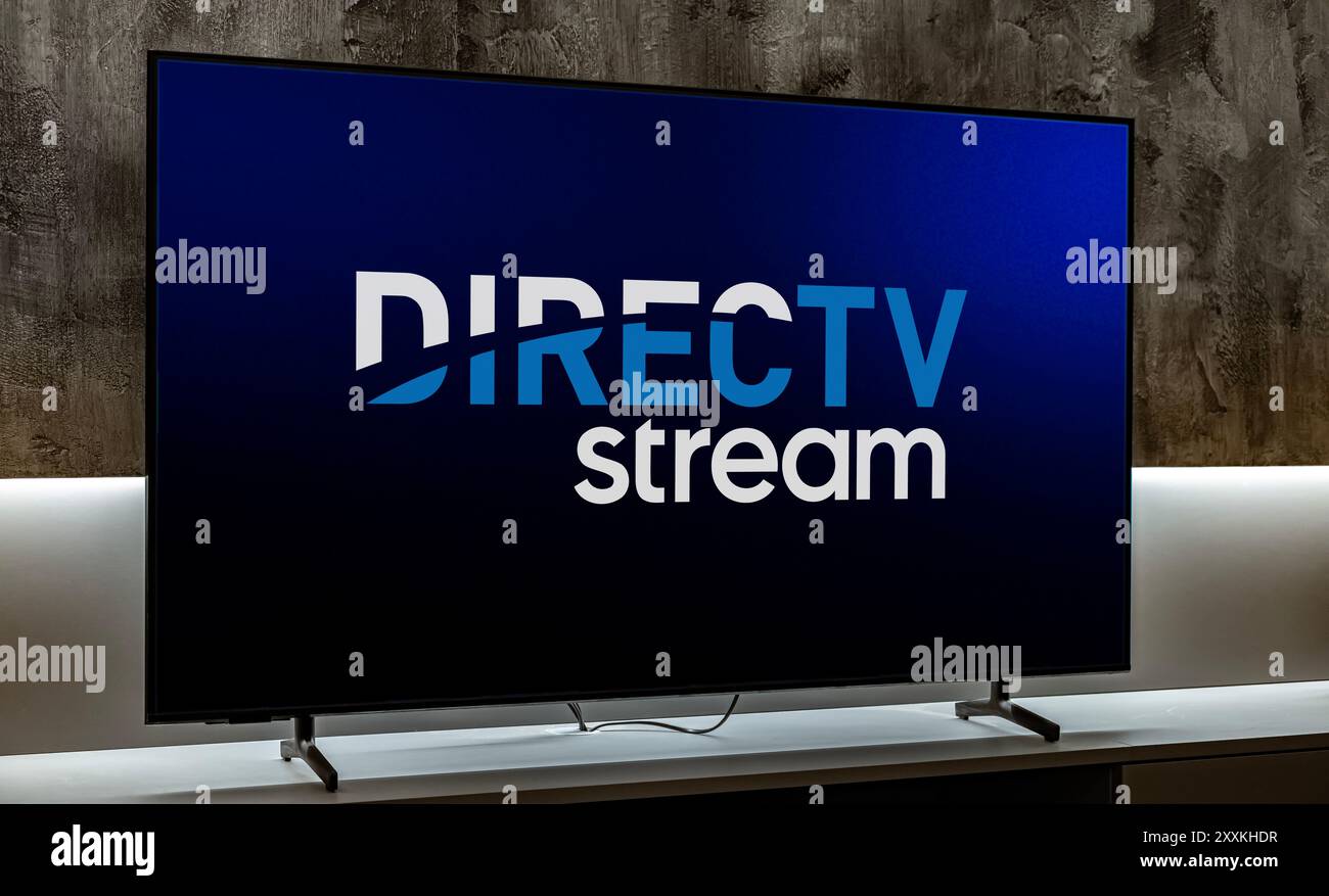 POZNAN, POL - MAR 25, 2022: Flat-screen TV set displaying logo of ...