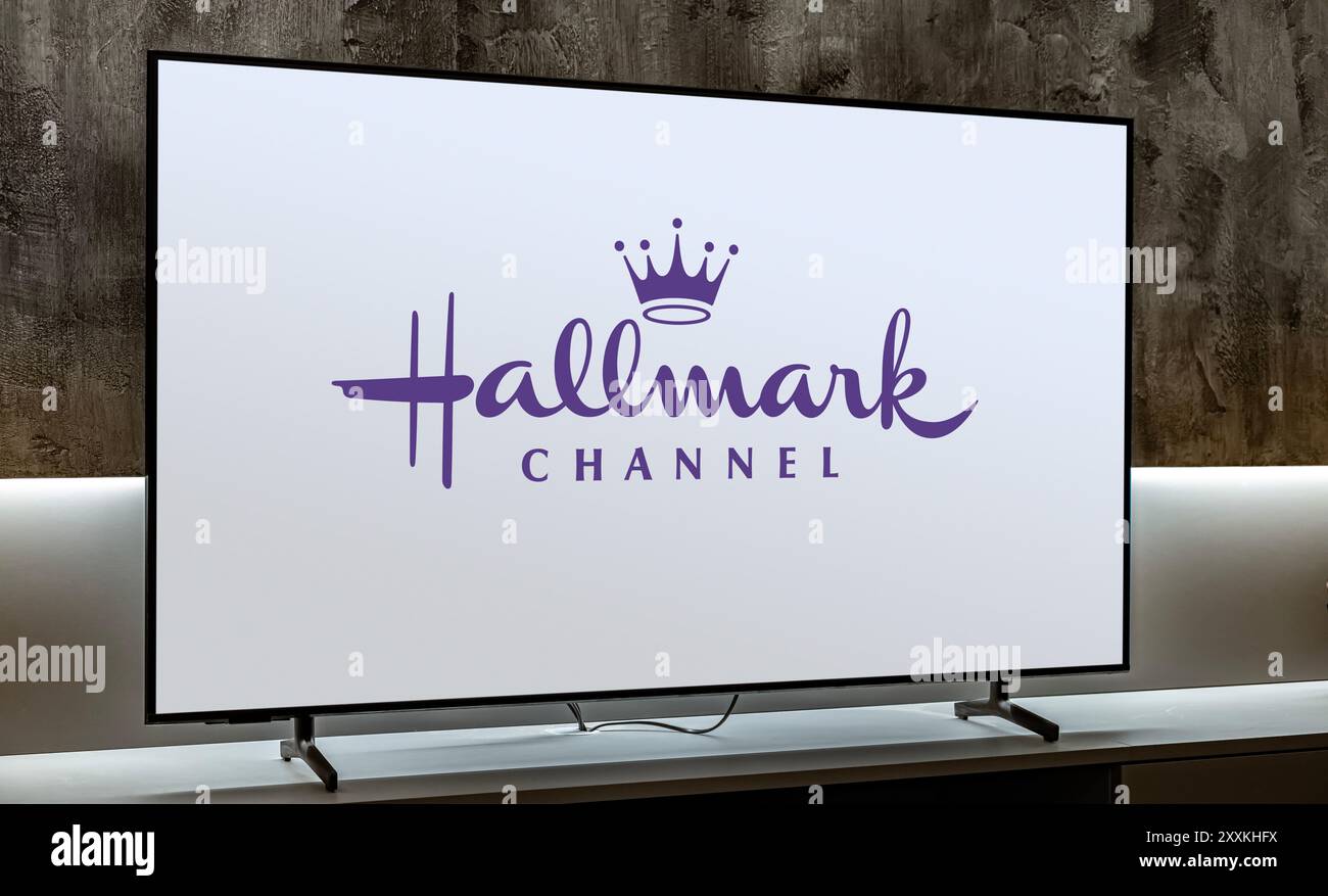 POZNAN, POL - DEC 19, 2023: Flat-screen TV set displaying logo of The ...