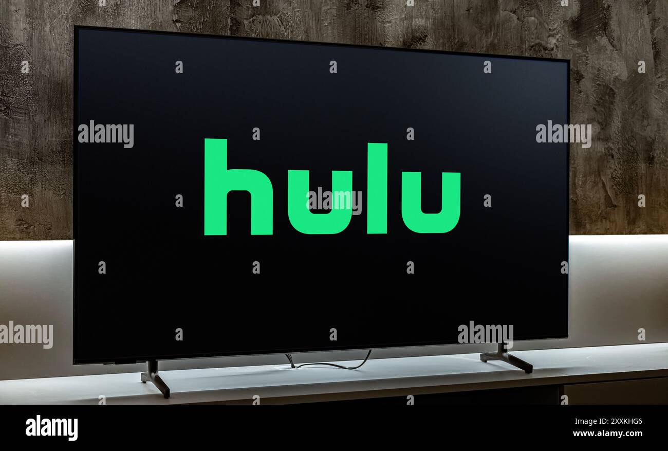 POZNAN, POL - DEC 19, 2023: Flat-screen TV set displaying logo of Hulu ...