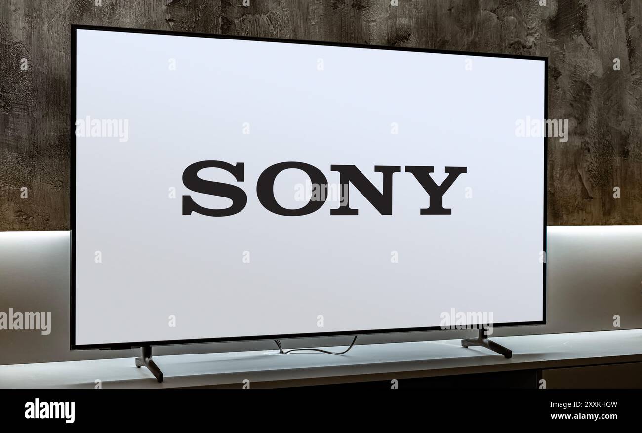POZNAN, POL - DEC 19, 2023: Flat-screen TV set displaying logo of Sony ...