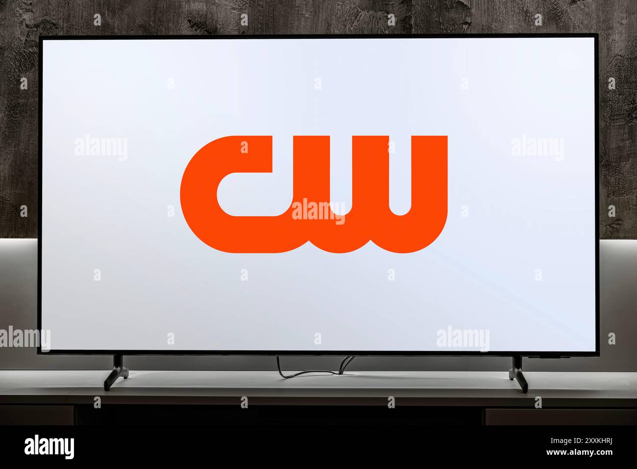 POZNAN, POL - MAR 01, 2024: Flat-screen TV set displaying logo of The ...