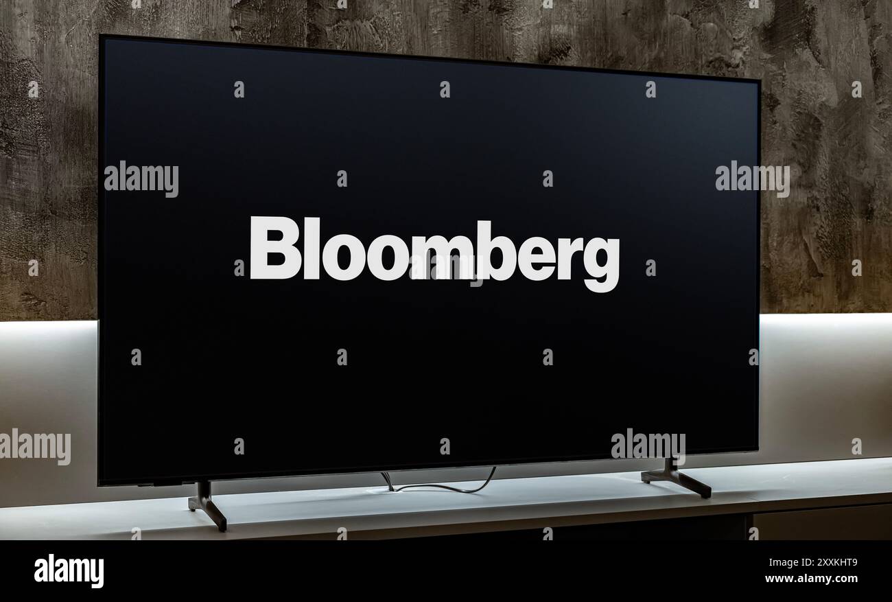 POZNAN, POL - DEC 19, 2023: Flat-screen TV set displaying logo of ...