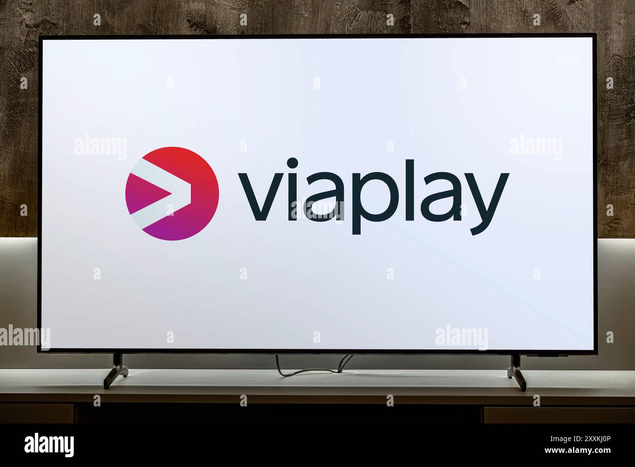 POZNAN, POL - MAR 01, 2024: Flat-screen TV set displaying logo of Viaplay is a Swedish video ...