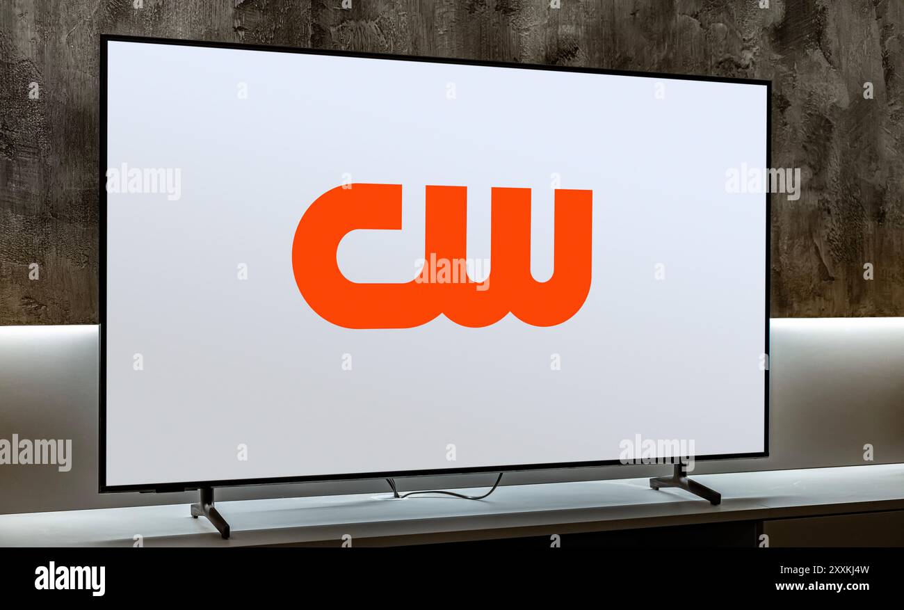 POZNAN, POL - MAR 01, 2024: Flat-screen TV set displaying logo of The ...