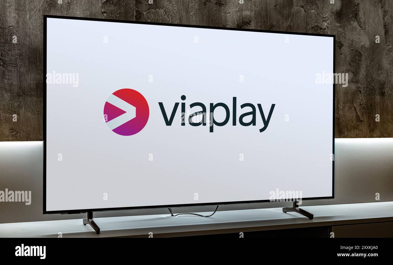 POZNAN, POL - MAR 01, 2024: Flat-screen TV set displaying logo of Viaplay is a Swedish video ...