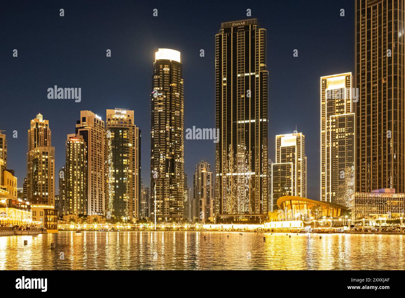 The business bay of Dubai at night UAE. Dubai city night illumination ...