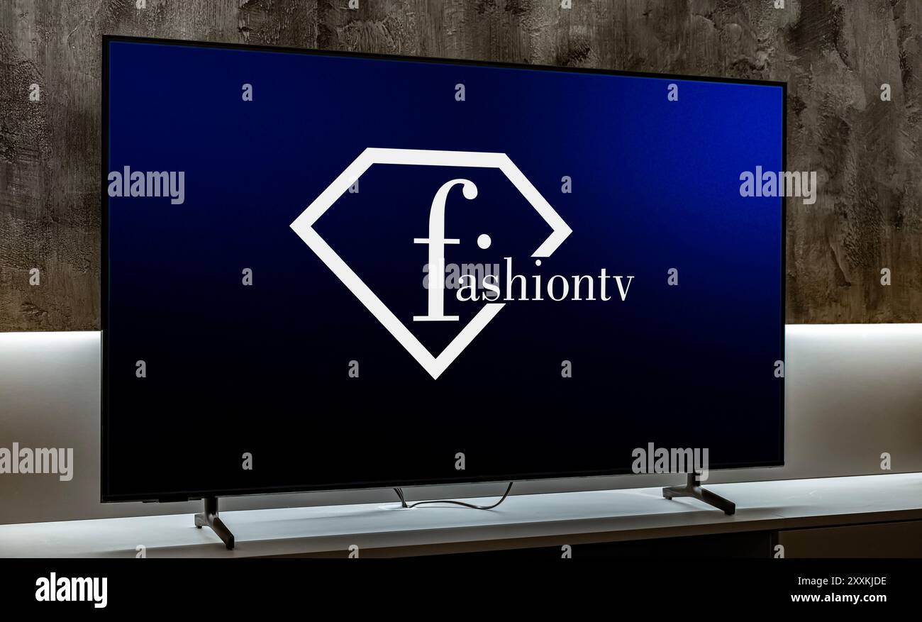 POZNAN, POL - APR 10, 2024: Flat-screen TV set displaying logo of ...