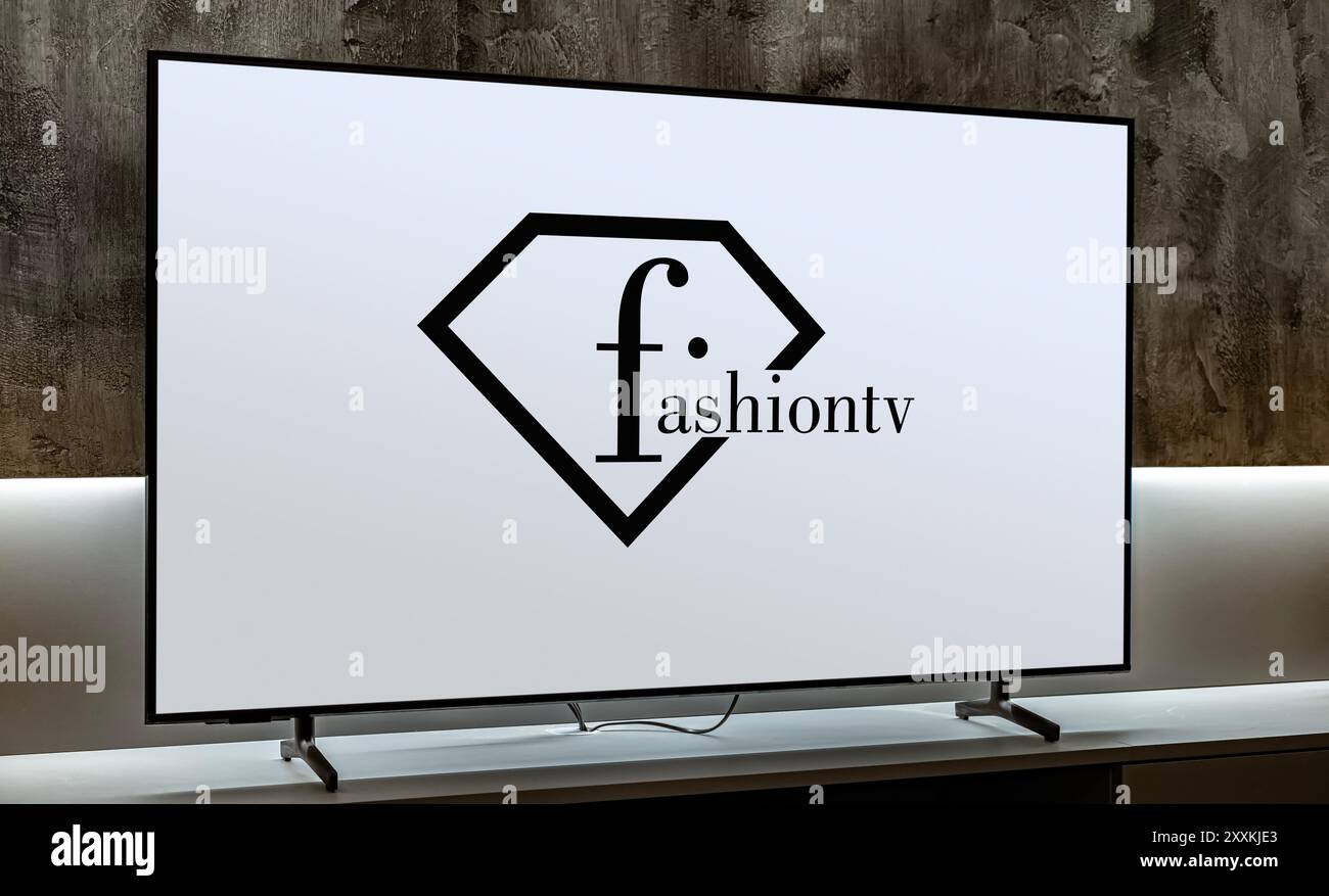 POZNAN, POL - APR 10, 2024: Flat-screen TV set displaying logo of ...