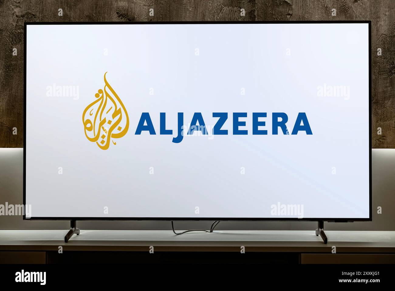 POZNAN, POL - JUL 31, 2024: Flat-screen TV set displaying logo of Al ...