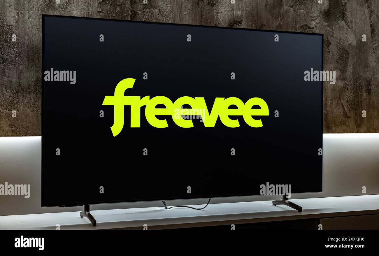 POZNAN, POL - JUL 31, 2024: Flat-screen TV set displaying logo of ...