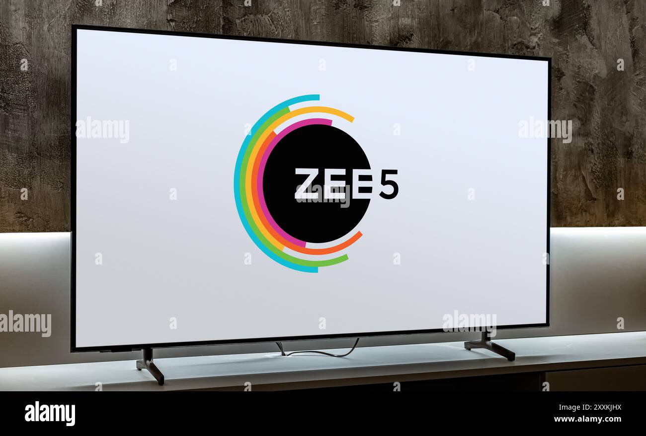 POZNAN, POL - MAY 06, 2024: Flat-screen TV set displaying logo of ZEE5 ...