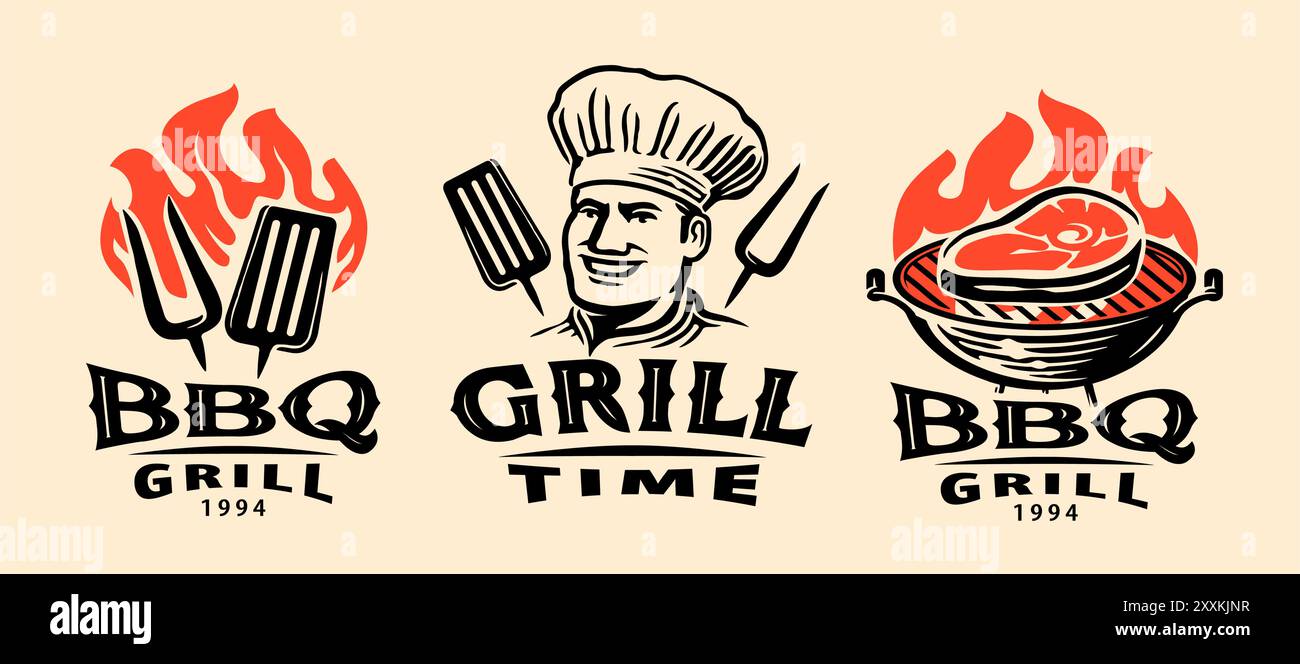 Barbecue logo set. Bbq, restaurant grill food emblems. Vector ...