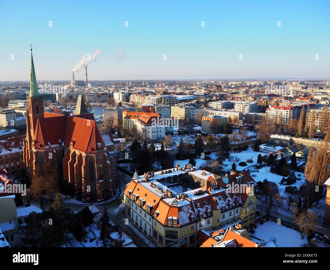 Aerial view on the beautiful city center of Wroclaw in winter with ...