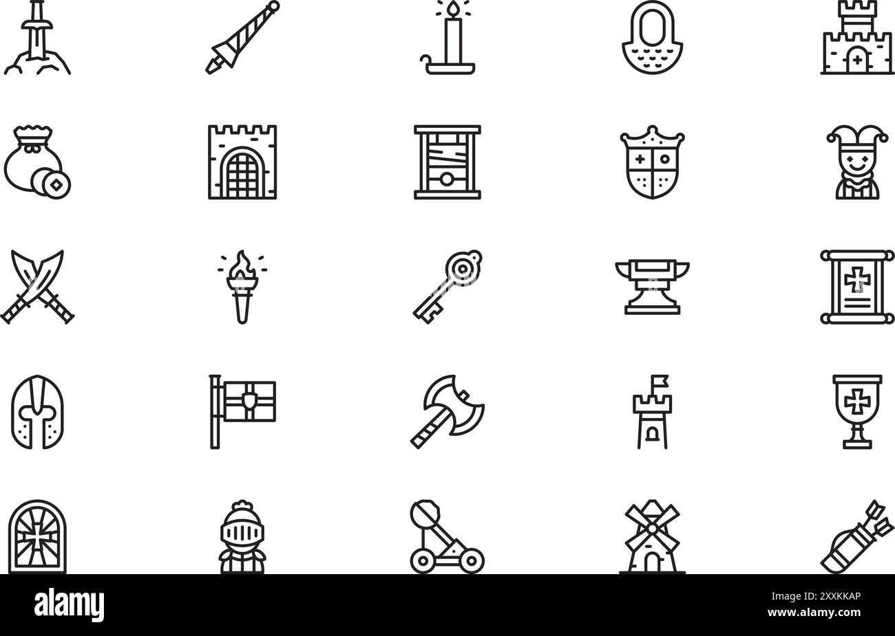 Medieval icons collection is a vector illustration with editable stroke ...