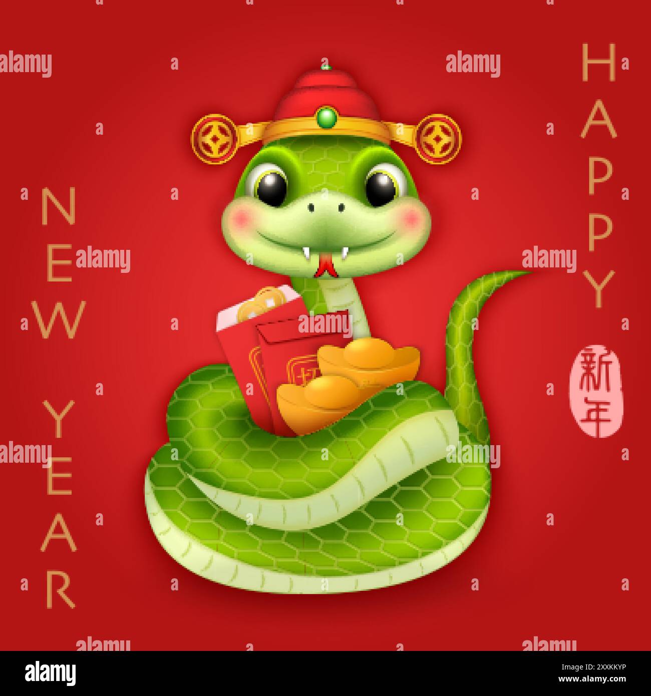 Chinese new year of cute cartoon snake holding red envelope. Chinese ...