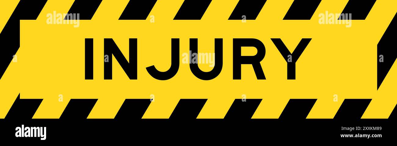 Yellow and black color with line striped label banner with word injury ...