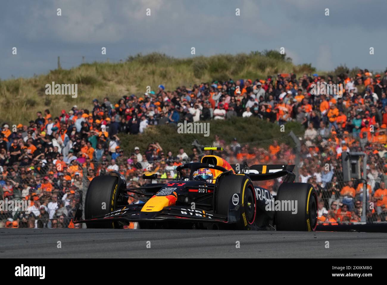 Red Bull driver Sergio Perez of Mexico steers his car during the Formula One Dutch Grand Prix ...