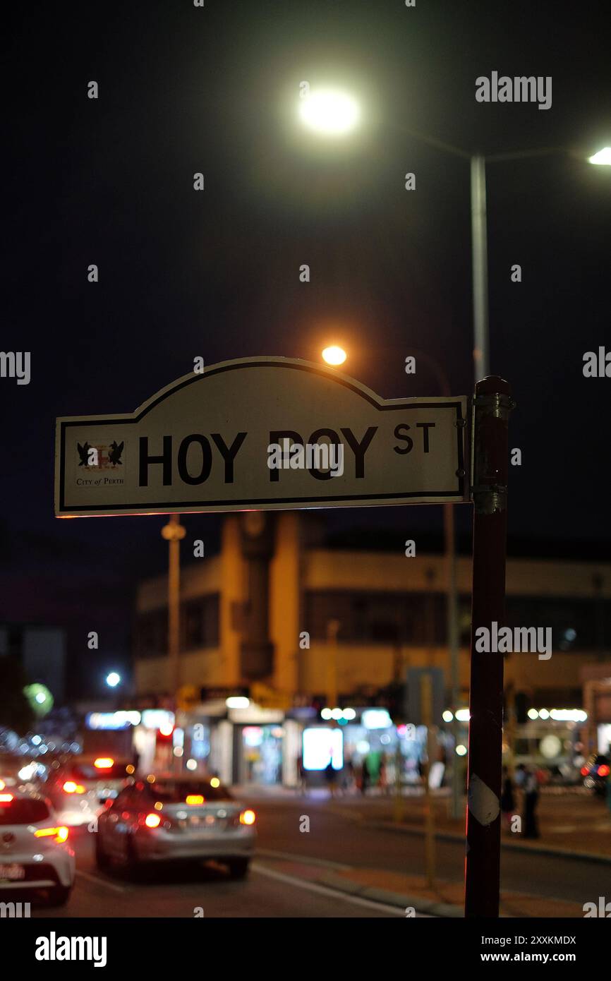 The signpost of Hoy Poy Street at night Perth, Western Australia Stock ...