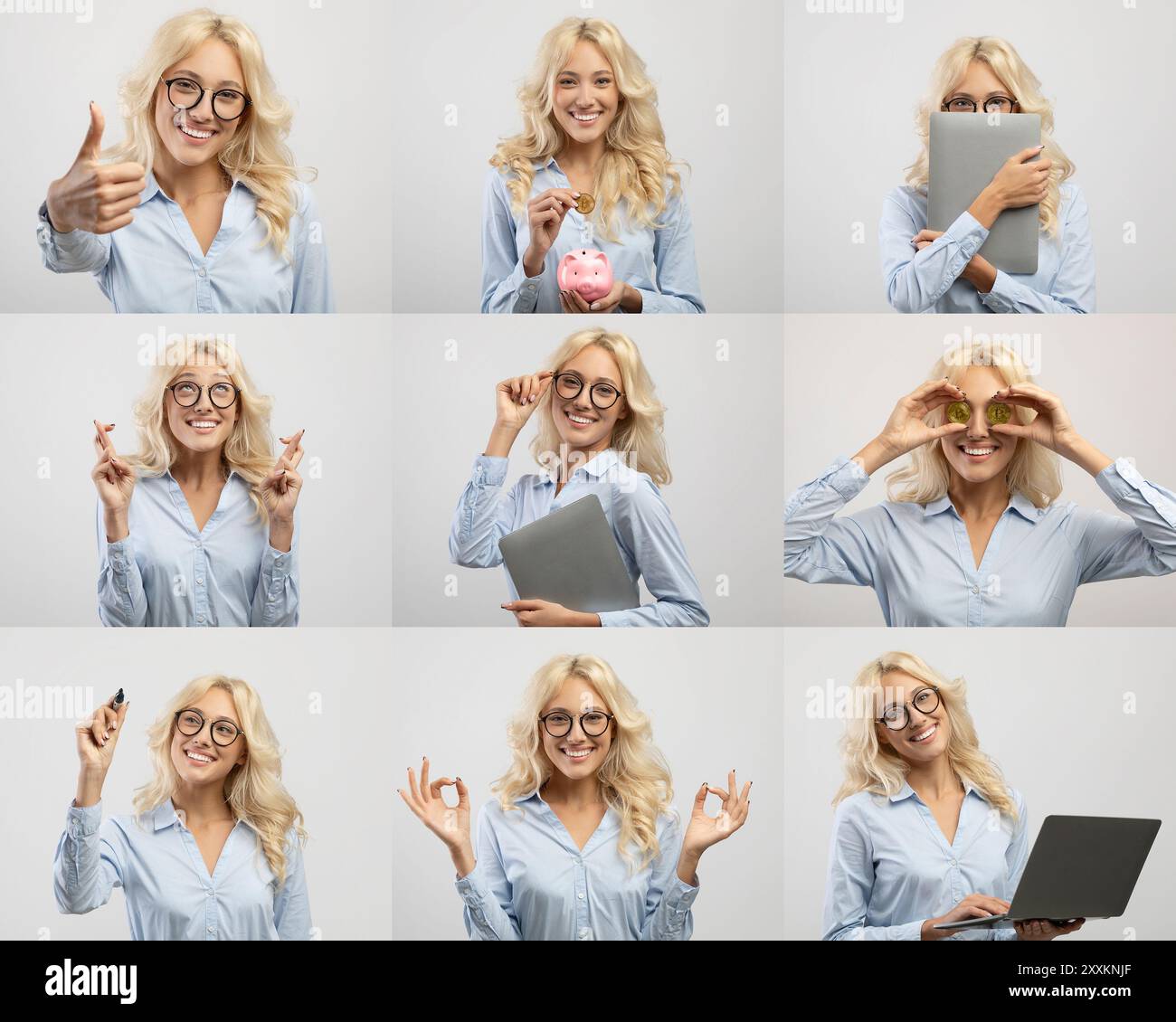 Cheerful blonde woman gestures hi-res stock photography and images - Alamy