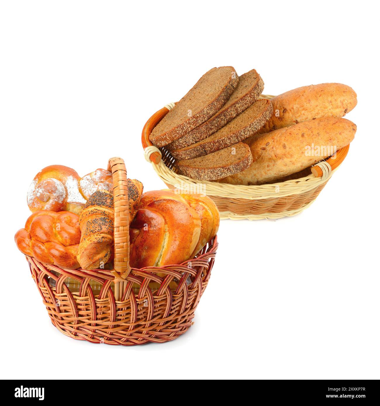 Bread and sweet pastries in wicker baskets isolated on white background ...