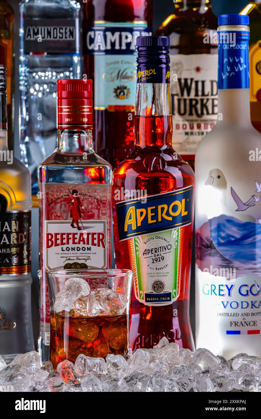 POZNAN, POL - NOV 29, 2023: Bottles of assorted global hard liquor ...