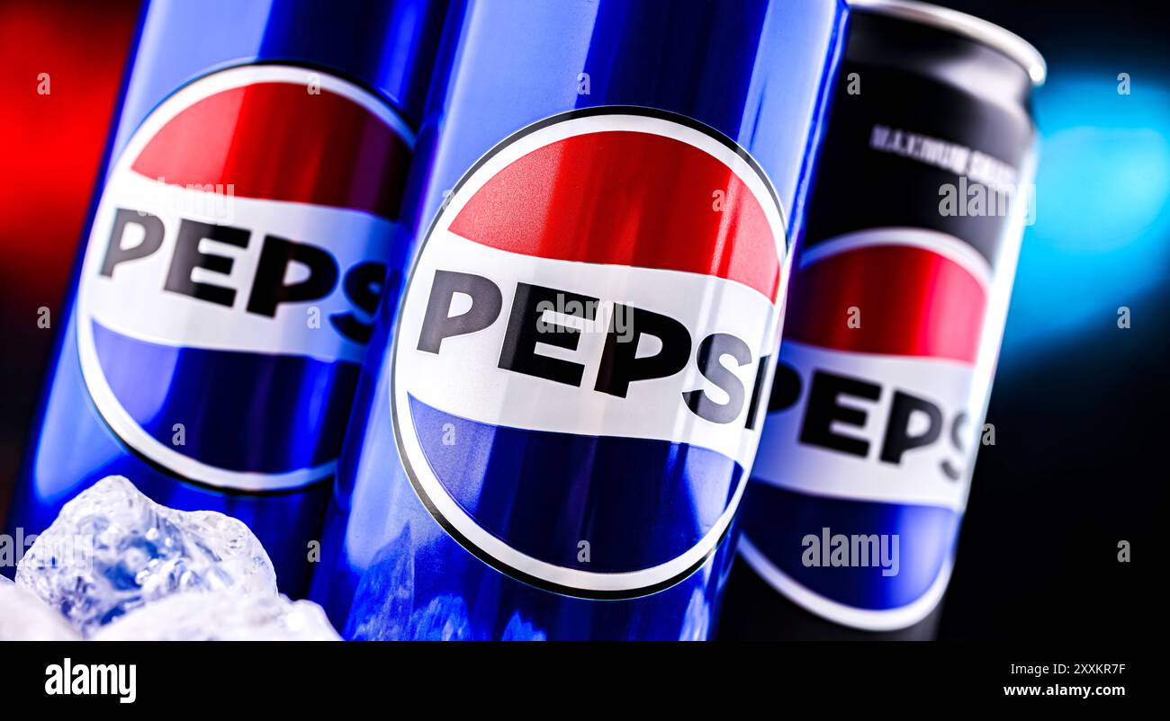 POZNAN, POL - AUG 7, 2024: Cans of Pepsi, a carbonated soft drink ...