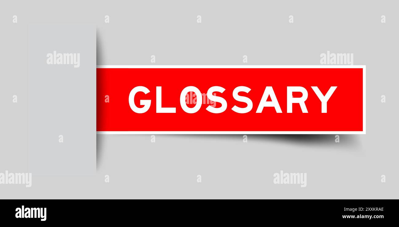 Red color square shape sticker label with word glossary inserted in ...