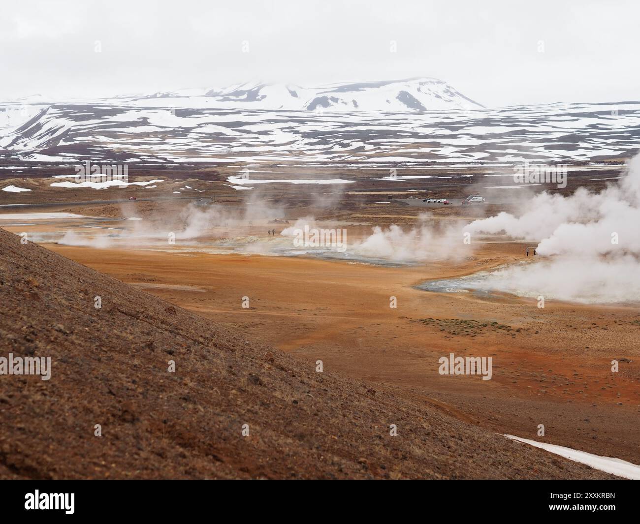 An expansive geothermal field with steam rising from multiple vents and ...