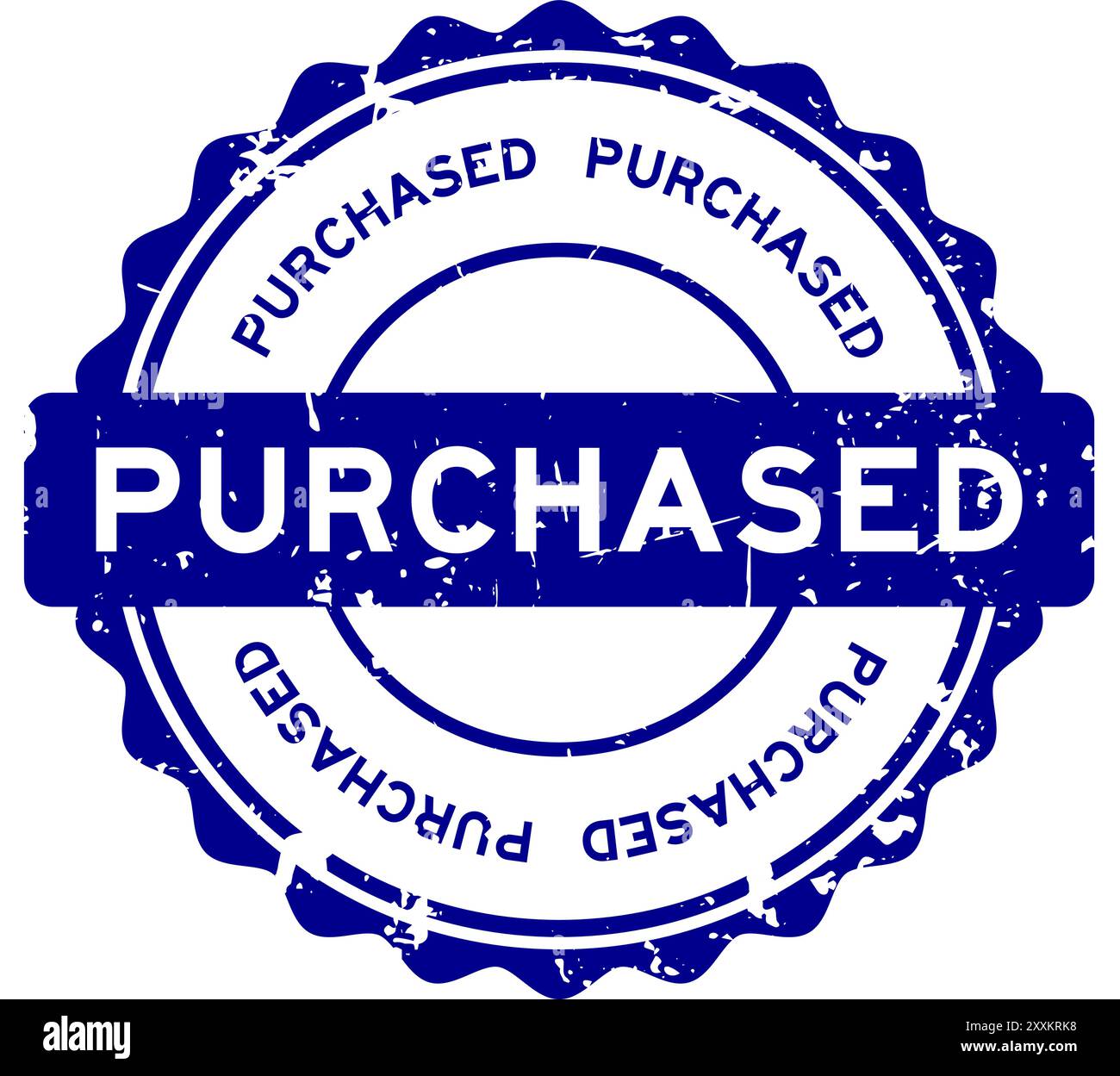 Grunge blue purchased word round rubber seal stamp on white background ...