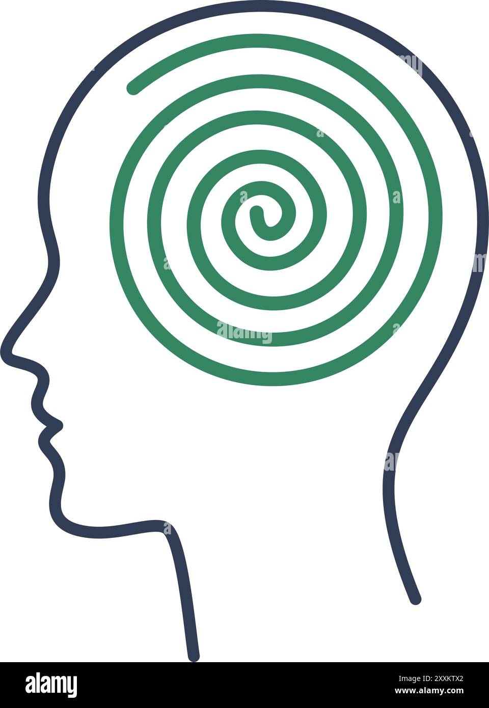 Spiral Thinking Line Art Illustration Of A Human Head With A Green Spiral Representing The