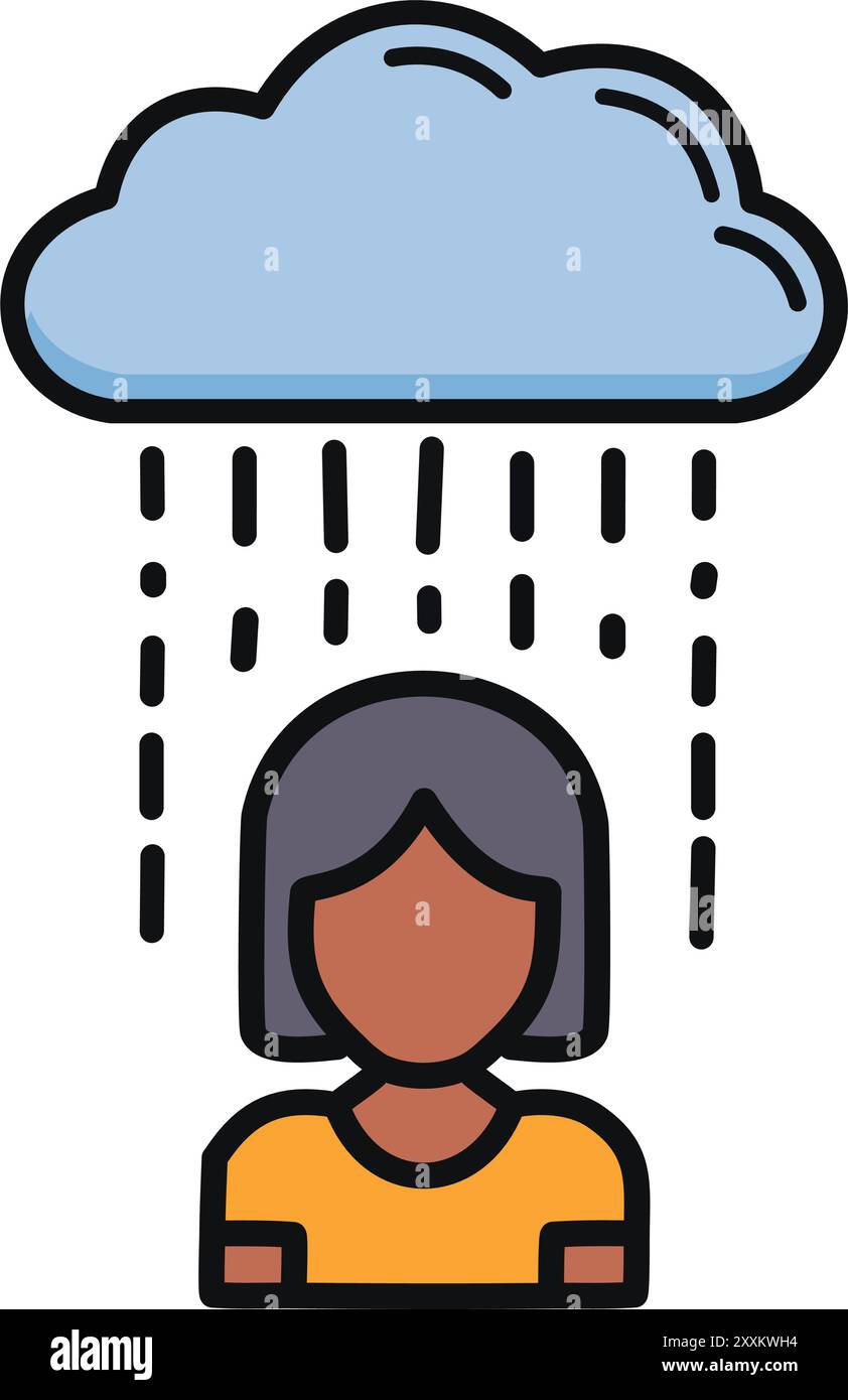 Woman under rain cloud feeling sad. An illustration of a woman standing ...